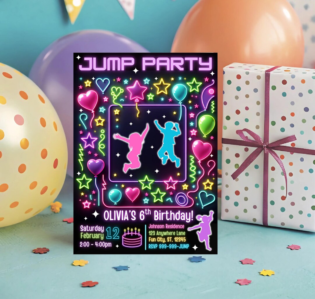 Editable Jump Party Invitation ~ Trampoline Birthday Invite ~ Neon ...