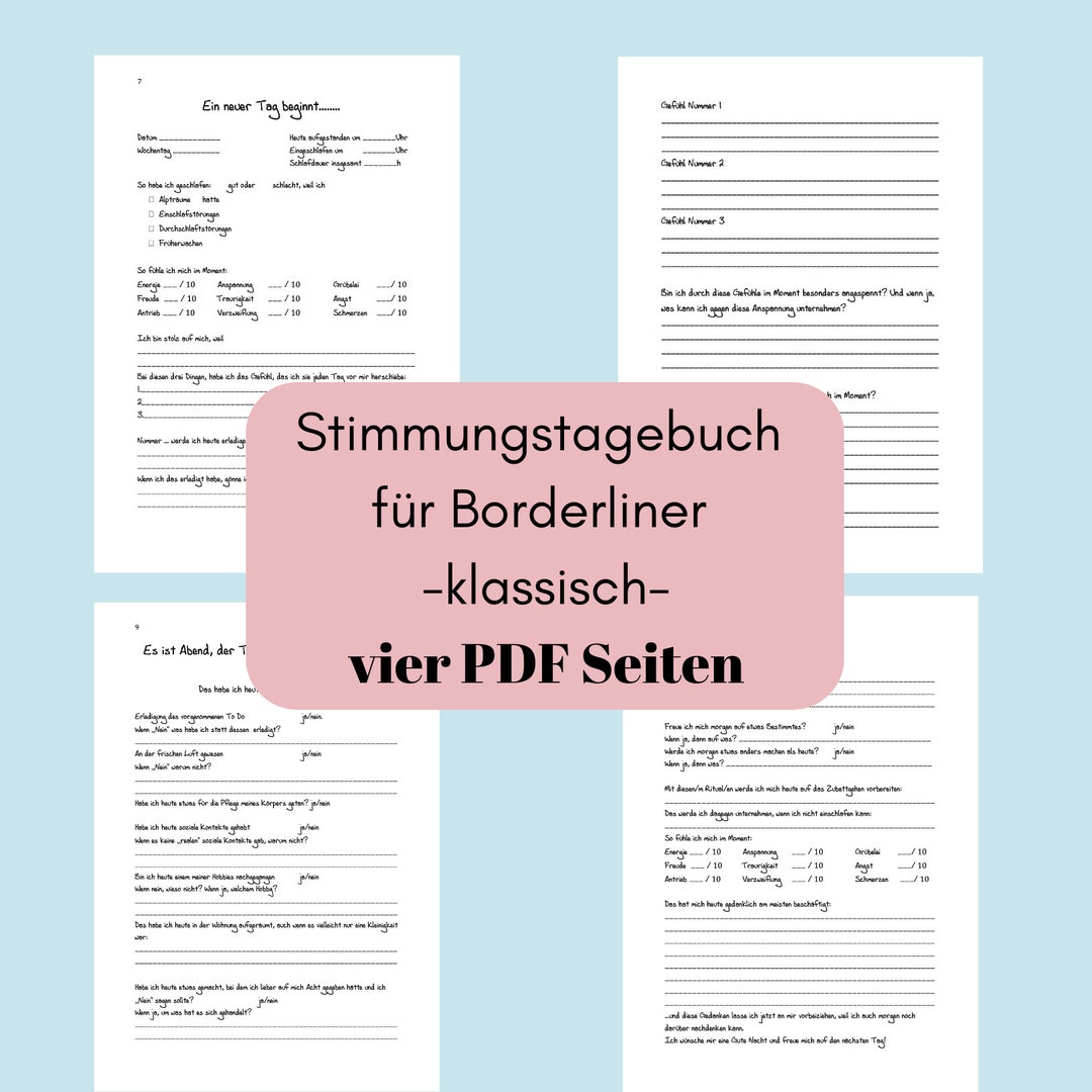 Stimmungstagebuch für Borderliner PDF digital download Skill Skillstraining Tagebuch Reha ...