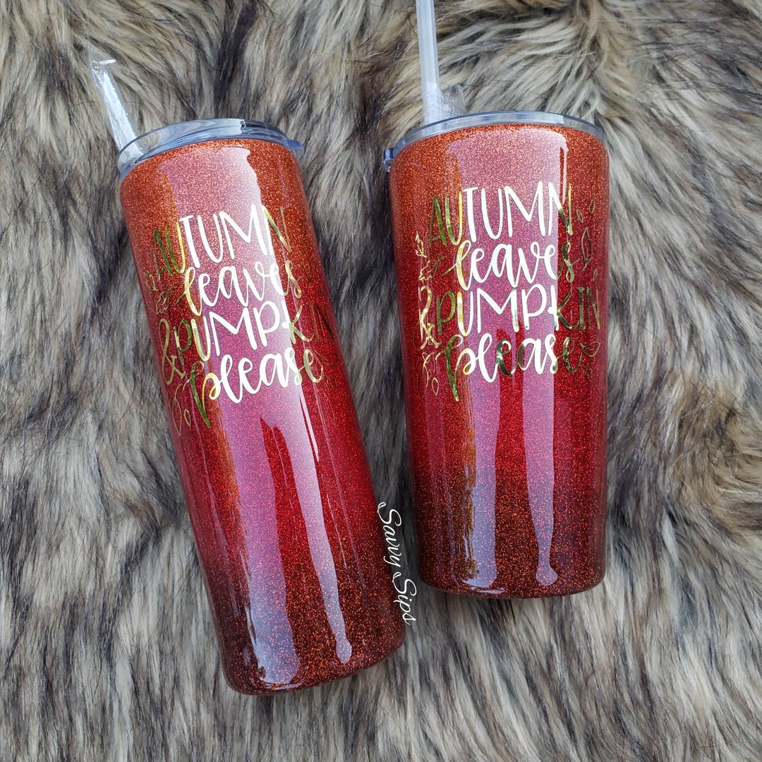 Autumn Leaves and Pumpkins Please Fall Tumbler Orange Red Glitter Epoxy ...