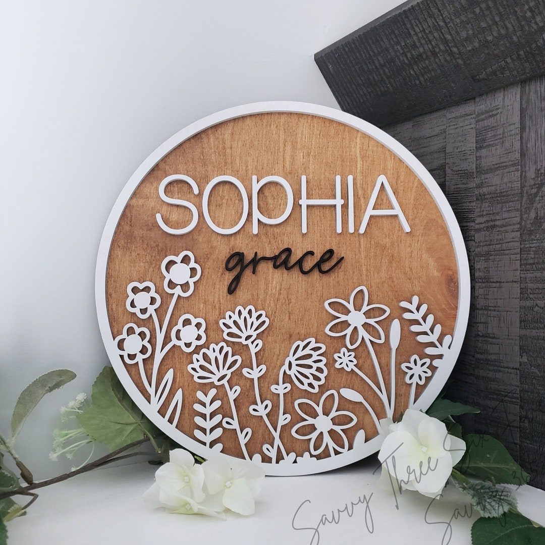 Wildflower Round Nursery Sign | Above Bed Sign | Nursery Name Sign ...