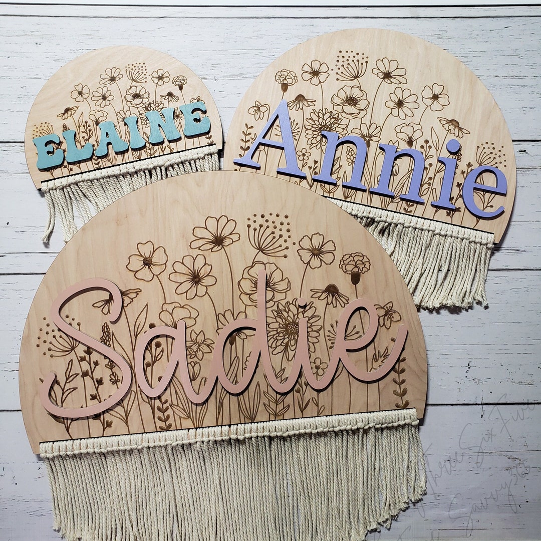 Macrame Wildflower Name Sign | Above Crib Engraved Girl Newborn Nursery ...