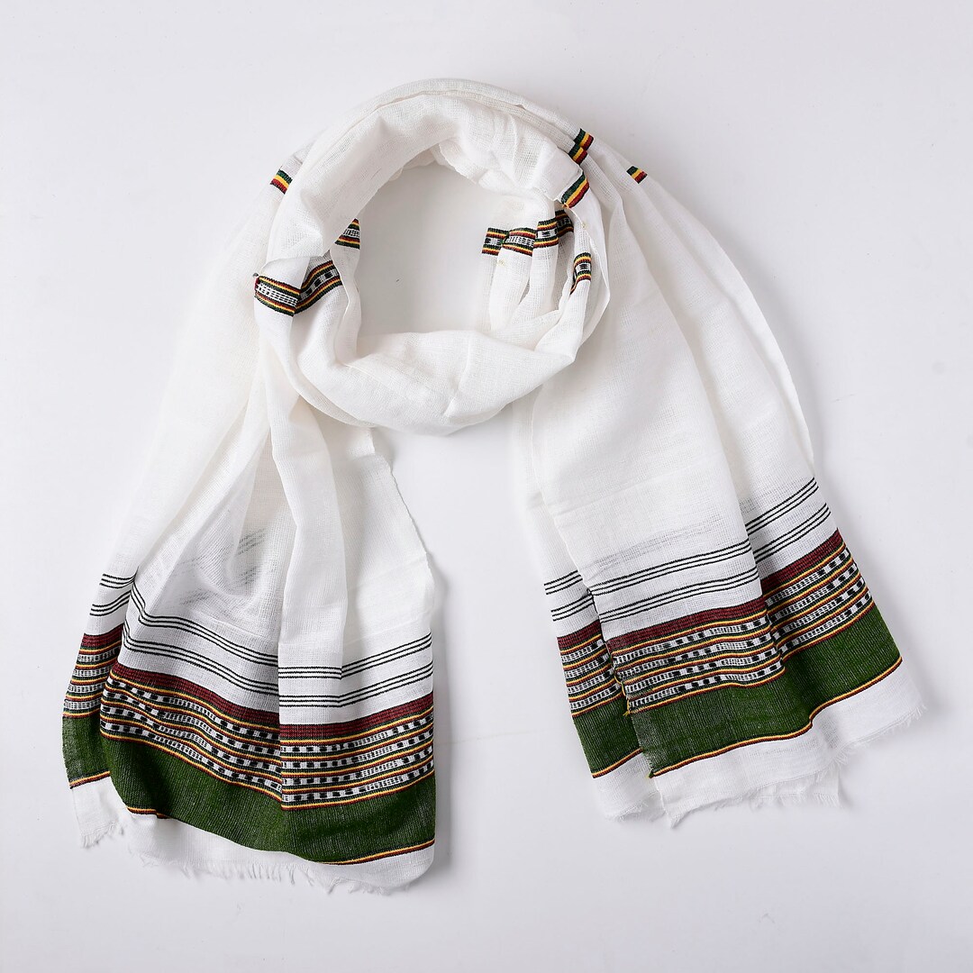 Ethiopian Cotton Shawal Scarves Scarf Green White Green Shawl Ethiopia ...