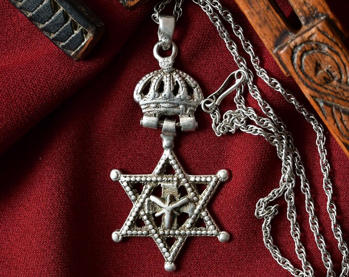 Silver Haile Selassie Ethiopian Star of David Neck Cross Necklace Lion ...