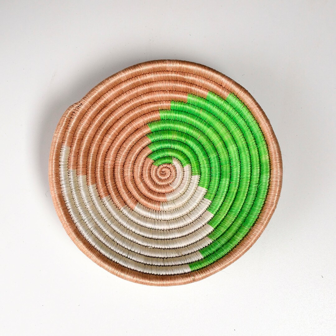 African Basket Rwanda Woven Basket Wall Decor Hanging Tan Green & White ...