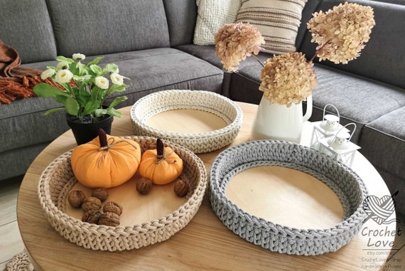 Coffee Table TRAY. Decorative Tray. Crochet Tray. Round Wooden Decorative Tray. Wooden Tray With Crochet Sides. MANY COLORS to Choose From Etsy