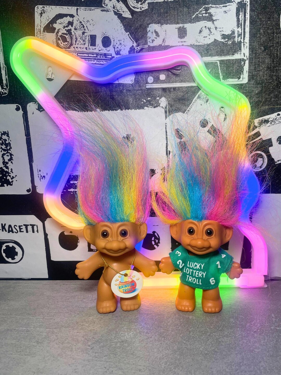 Vintage Russ Rainbow Hair Troll Dolls-3 Rainbow Troll & Lucky Lottery ...