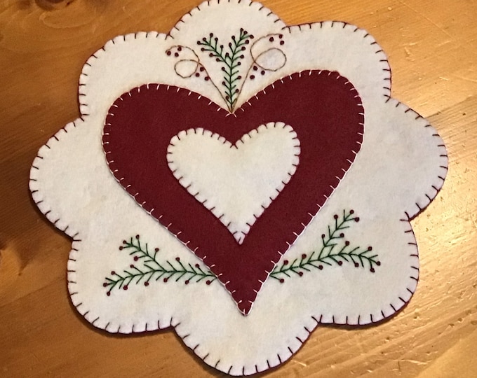Heart Candle Mat, Love Penny Rug, Primitive Stitchery, Farmhouse Decor ...