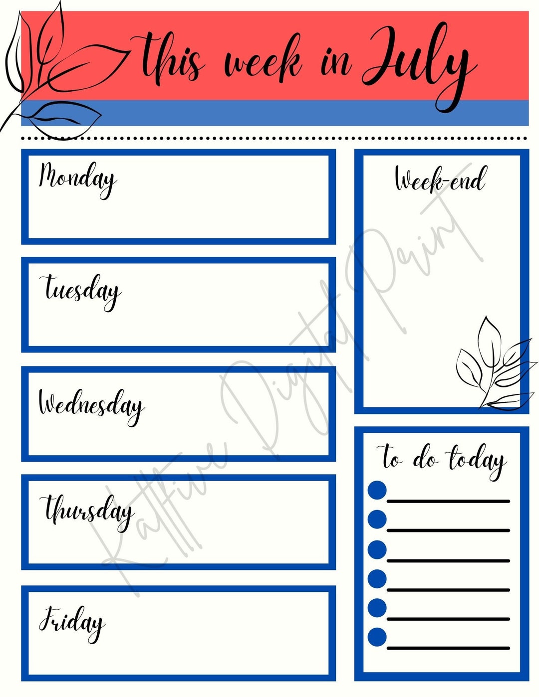July Weekly Planner Page | Pretty Simple Leaf Themed Planner Design ...