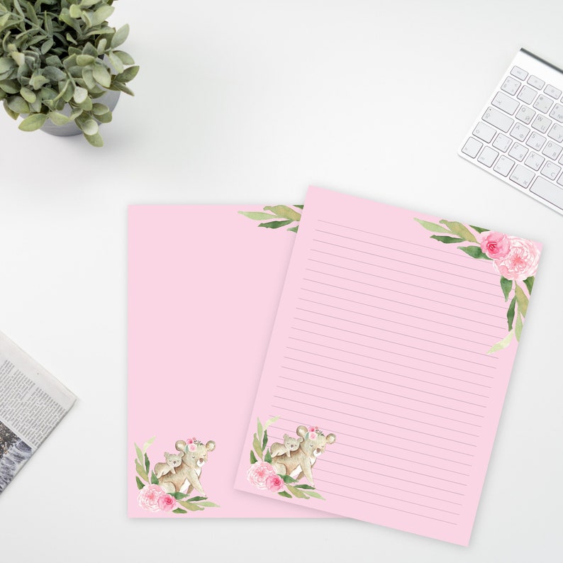 Cute Koala Floral Printable Letter Writing Paper, 8.5x11, Lined Unlined ...