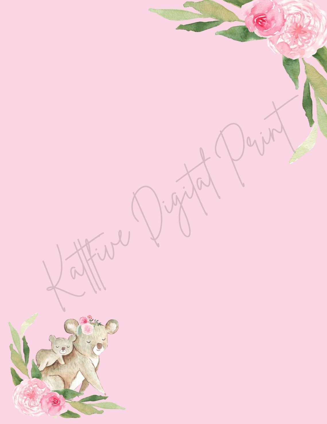 Cute Koala Floral Printable Letter Writing Paper, 8.5x11, Lined Unlined ...