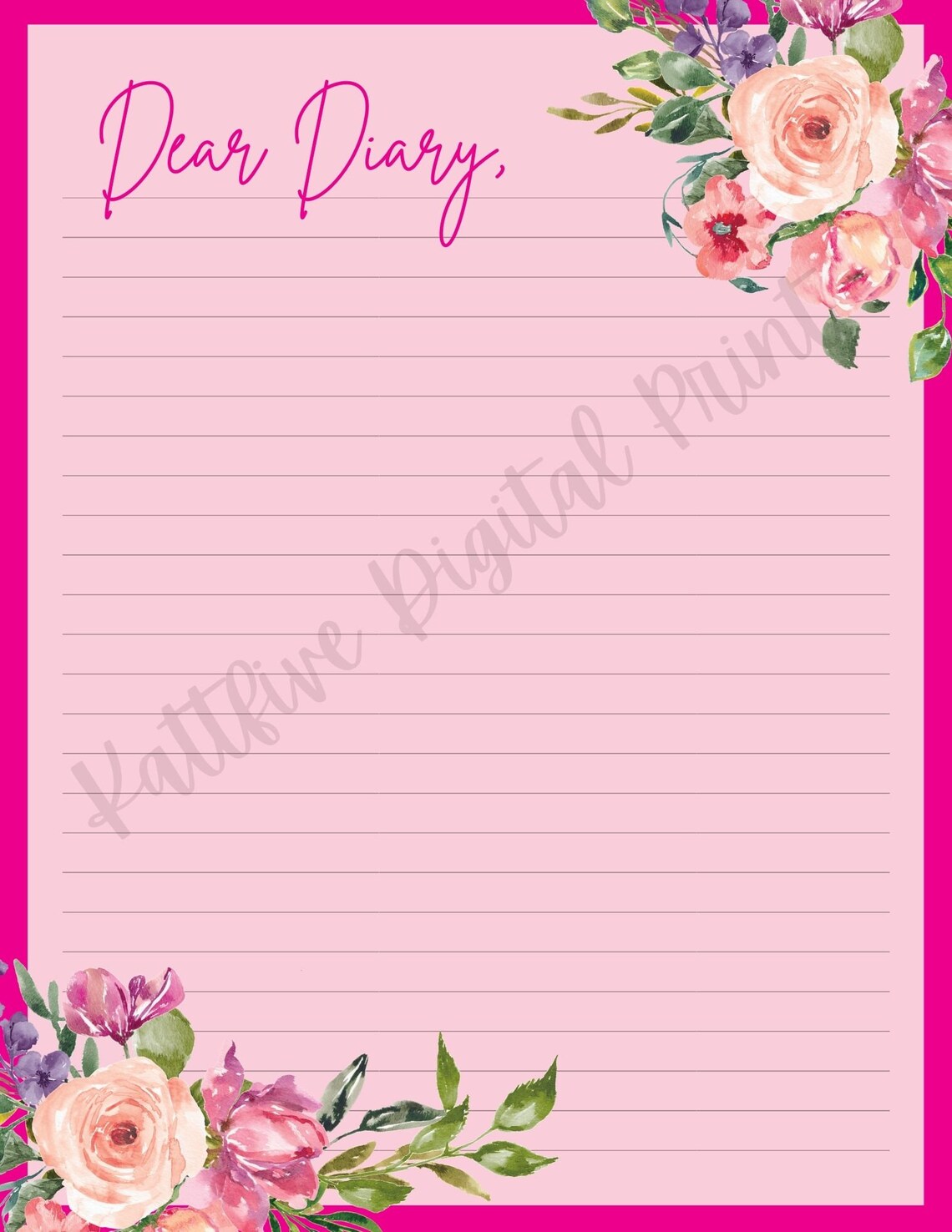 Dear Diary Floral Printable Letter Writing Paper, 8.5x11, Lined Unlined ...