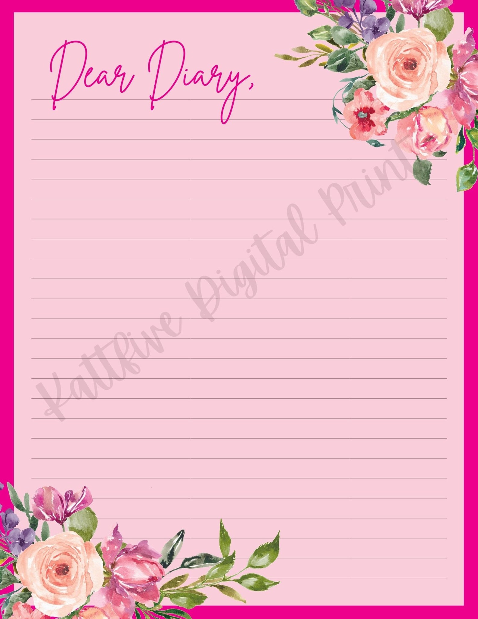 Dear Diary Floral Printable Letter Writing Paper, 8.5x11, Lined Unlined ...
