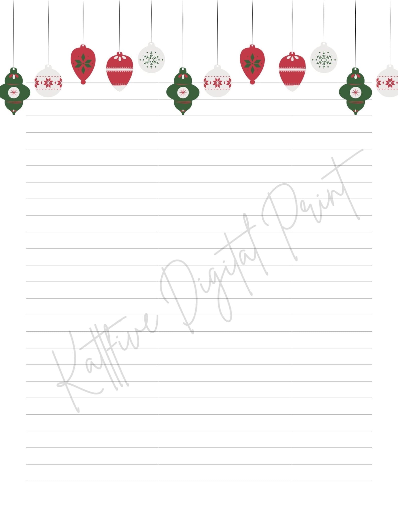 Christmas Bulbs Lined Printable Letter Writing Paper, 8.5x11, Lined ...