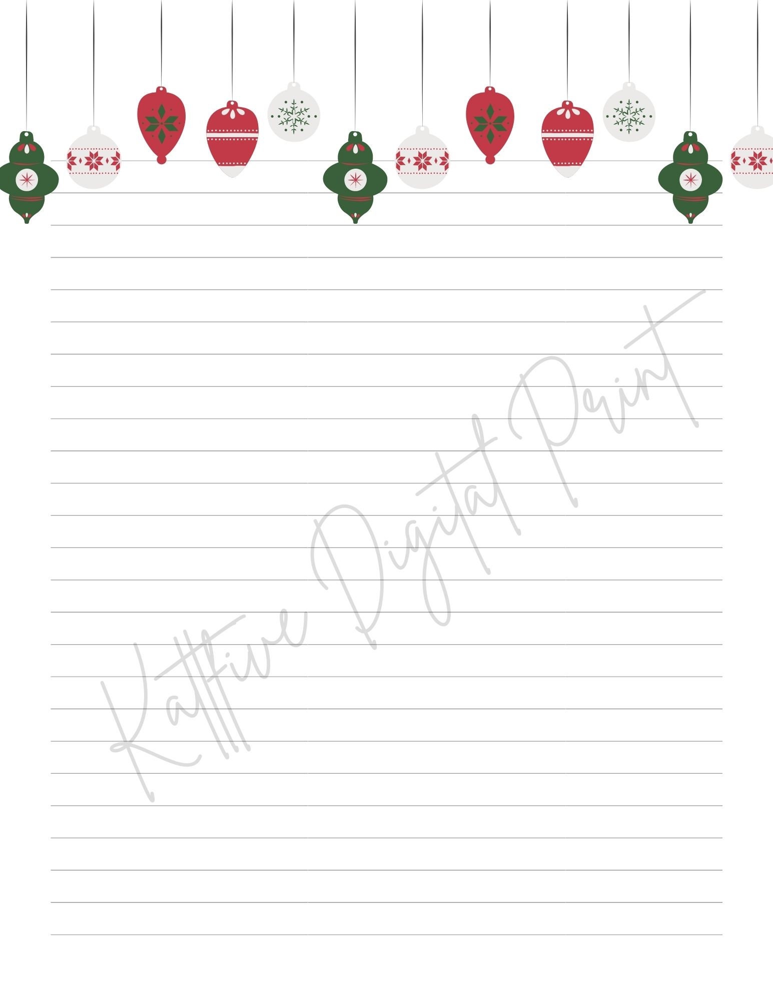 Christmas Bulbs Lined Printable Letter Writing Paper, 8.5x11, Lined ...