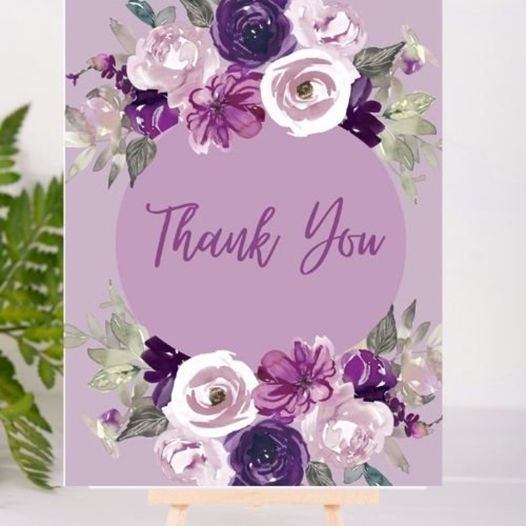 Purple Floral Thank You Card, Digital Thanks Card, Printable Card ...