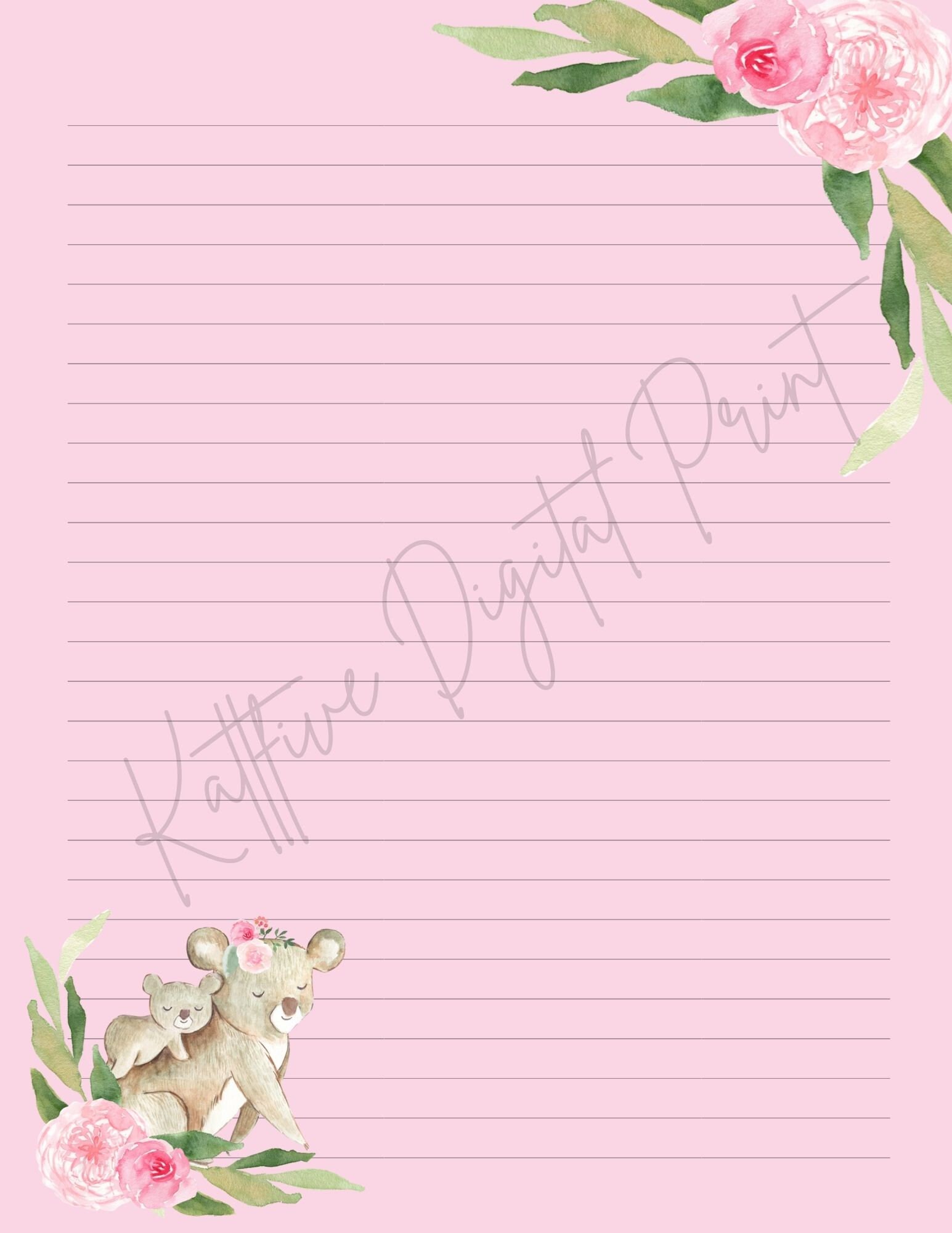 Cute Koala Floral Printable Letter Writing Paper, 8.5x11, Lined Unlined ...
