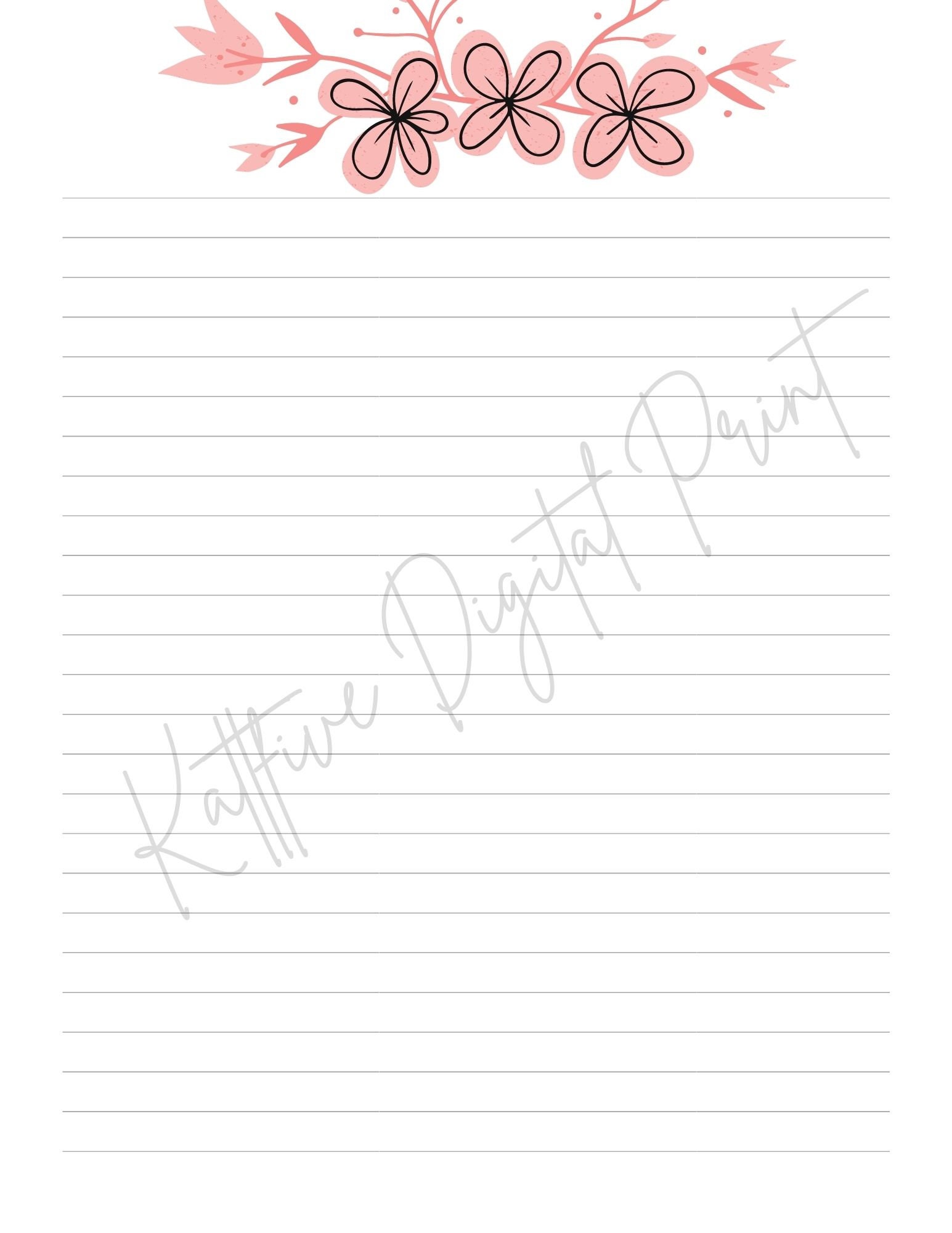 Pink Flowers Floral Lined Printable Letter Writing Paper, 8.5x11, Lined ...