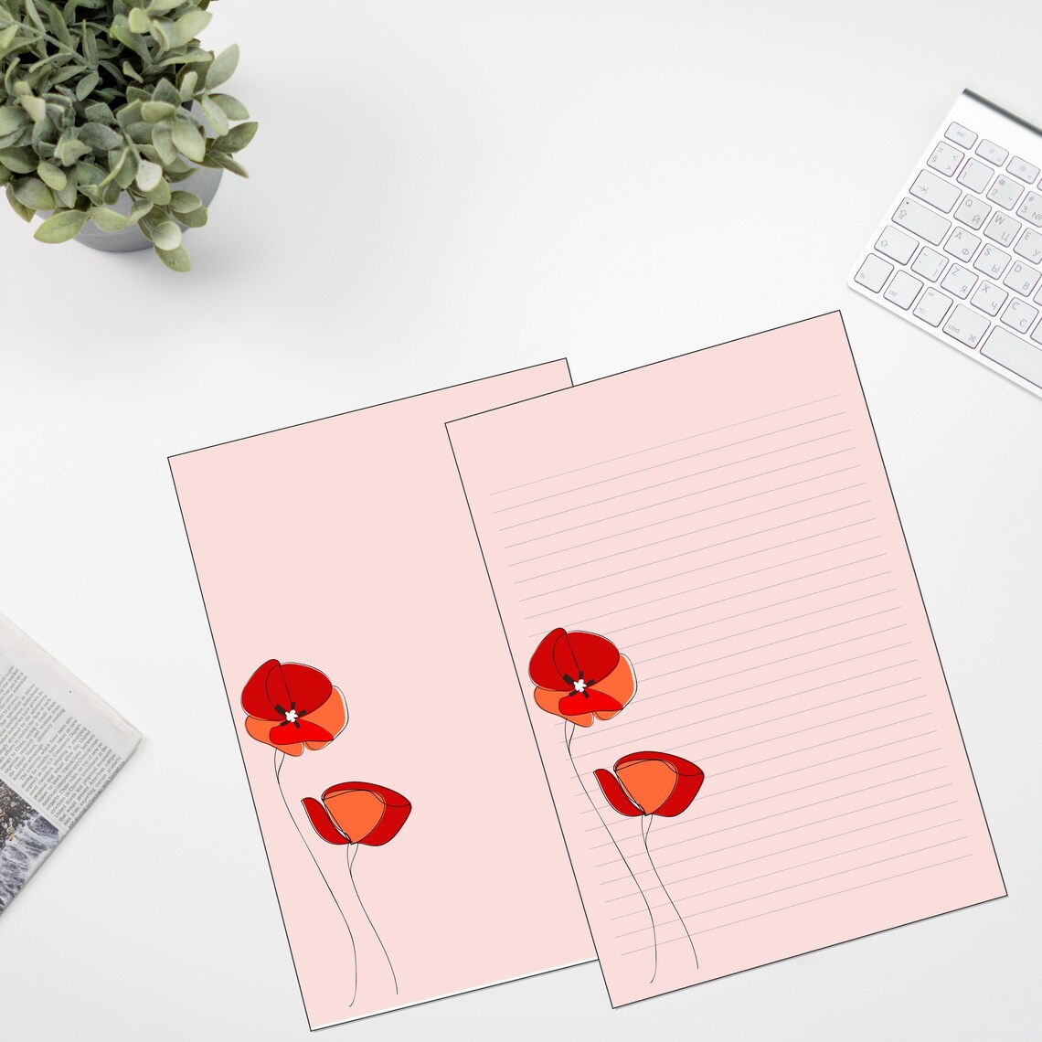 Minimalist Red Poppies Printable Letter Writing Paper, 8.5x11, Lined ...