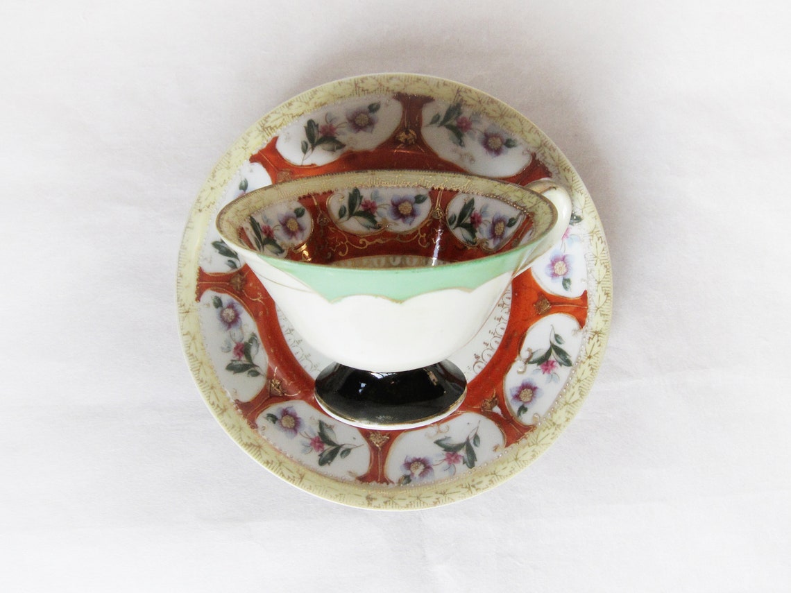 Nagoya Shokai Japan Hand Painted Porcelain Tea Pair. Pedestal - Etsy