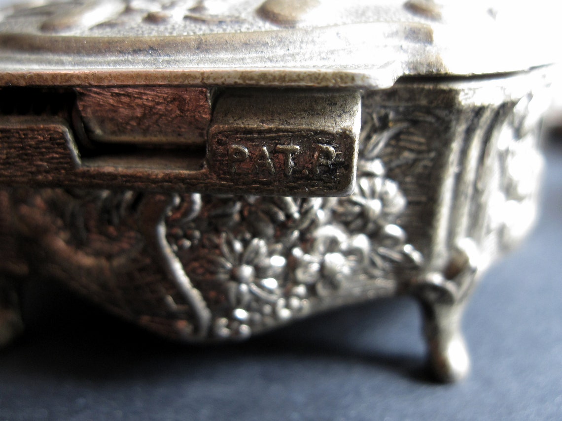 Pat.p Japan Old Silver Tone Raised Relief Jewelry Box With Cherubs and ...
