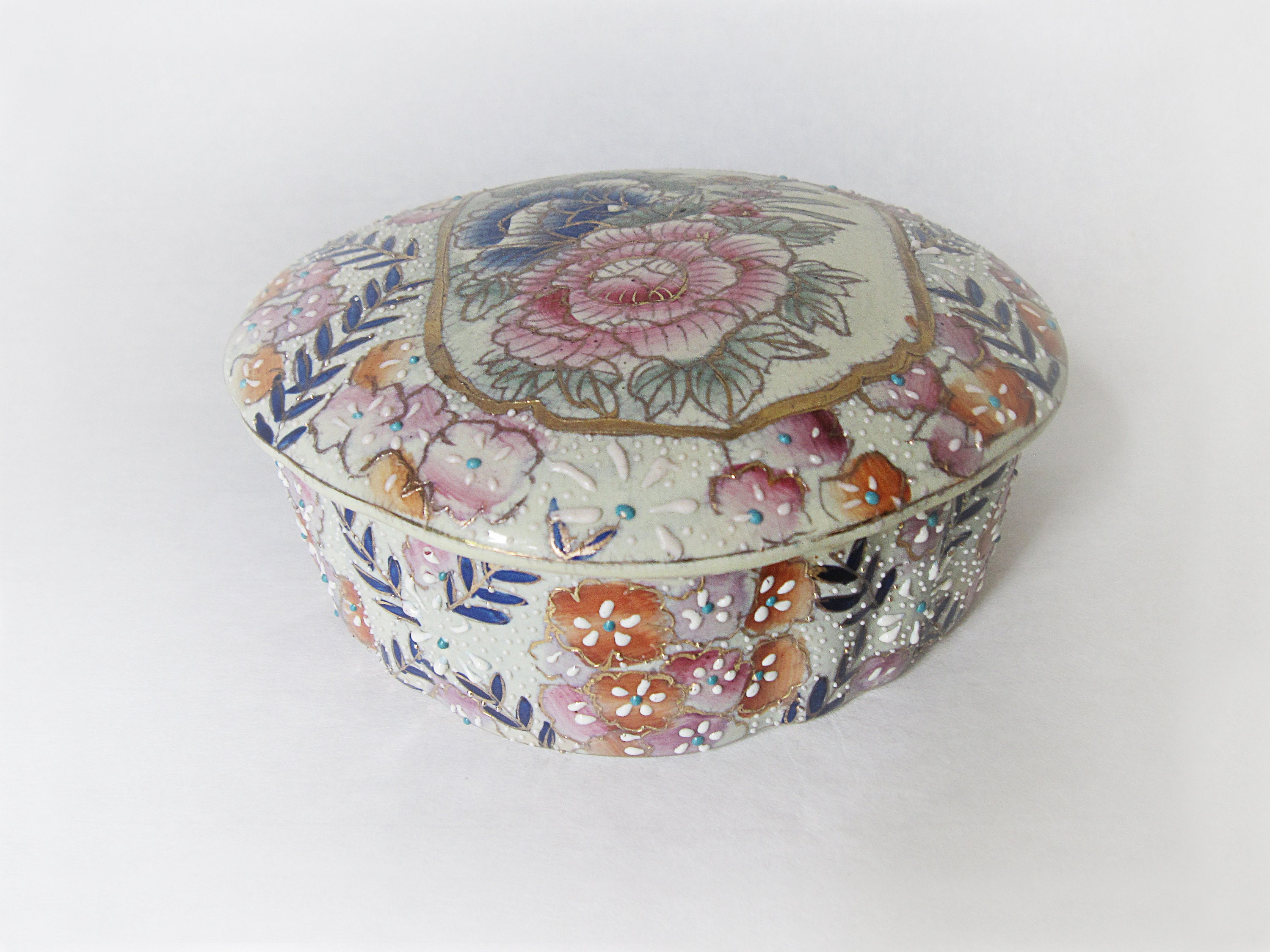 Vintage Oval Decorative Box. Hand Painted Porcelain Jewelry Box, Floral ...