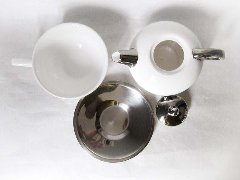 Jameson & Tailor Porcelain Teapot, Cup and Saucer Set. Silver Luster ...