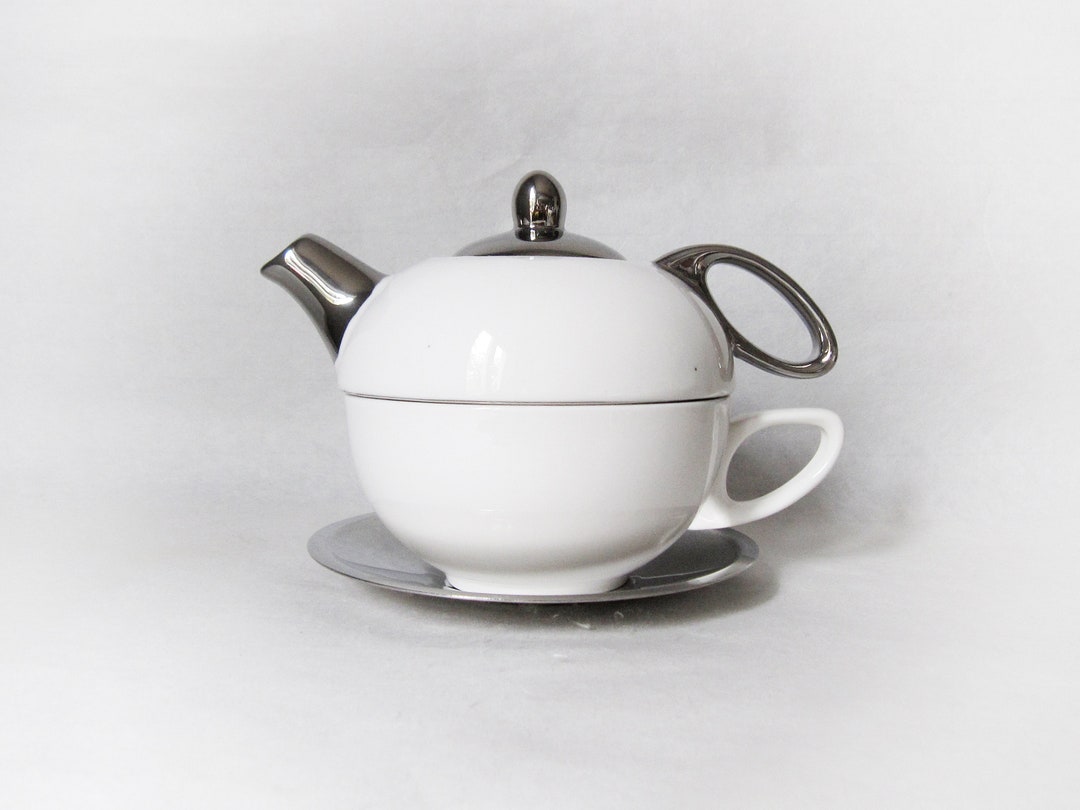 Jameson & Tailor Porcelain Teapot, Cup and Saucer Set. Silver Luster ...