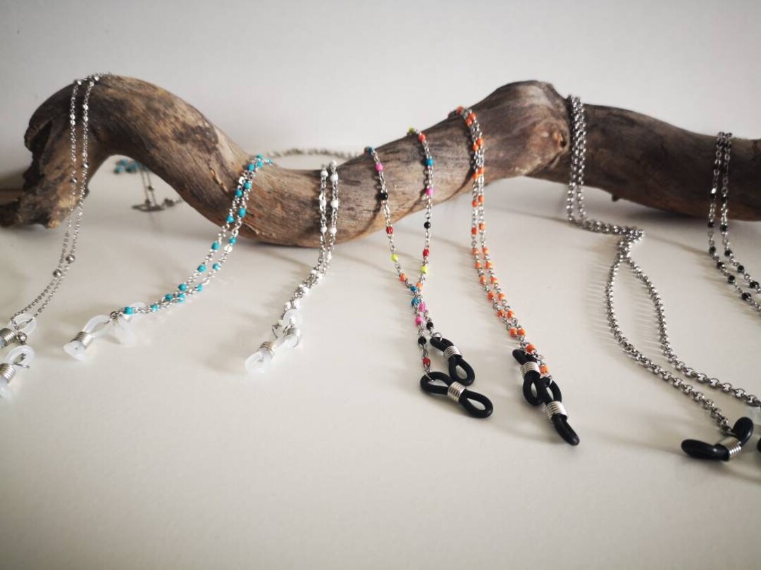Silver Eyeglass Chain in Stainless Steel and Colored Seed Beads Silver ...