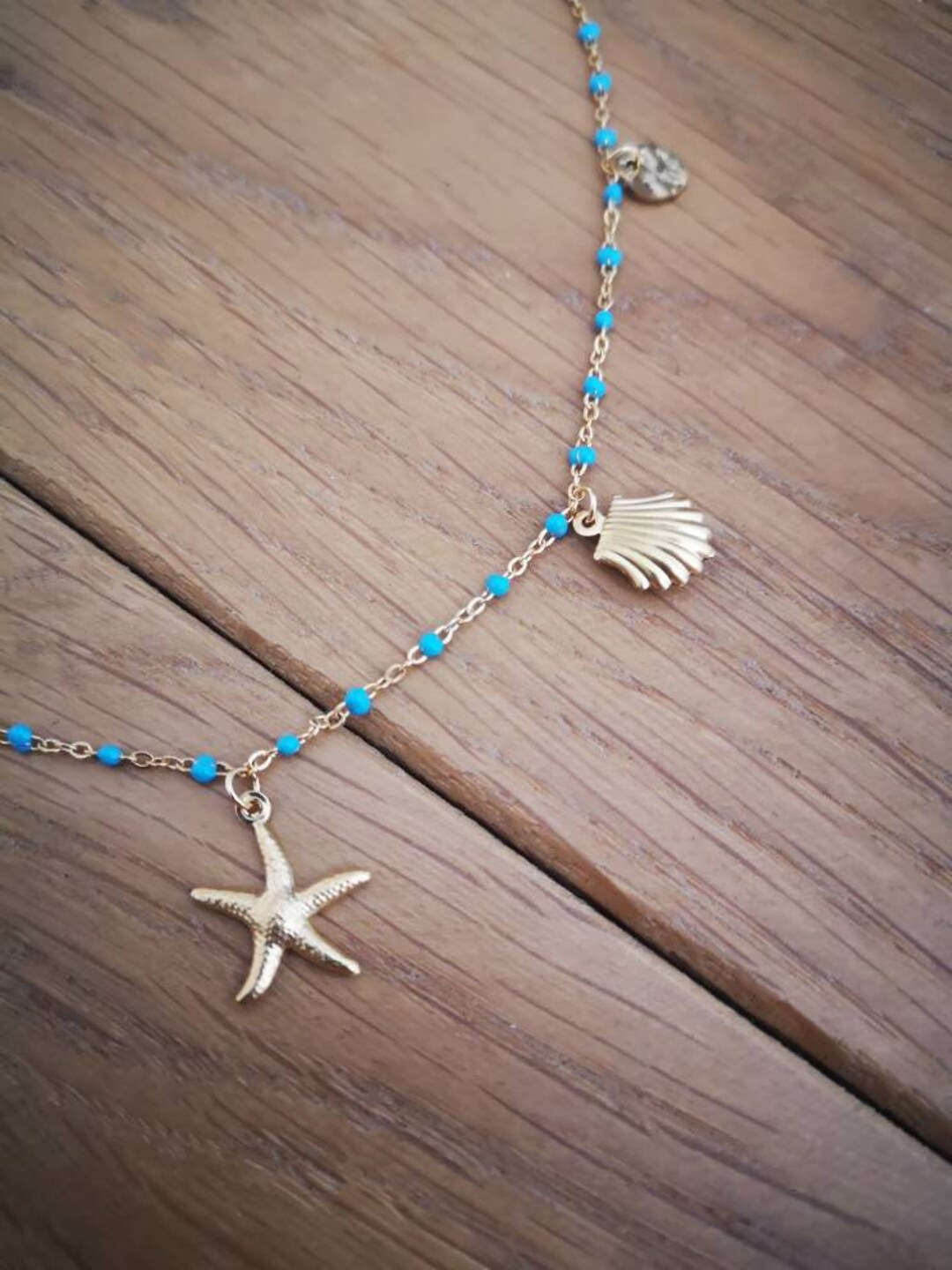 Gold and Turquoise Necklace With Shell and Starfish Charms Charm ...