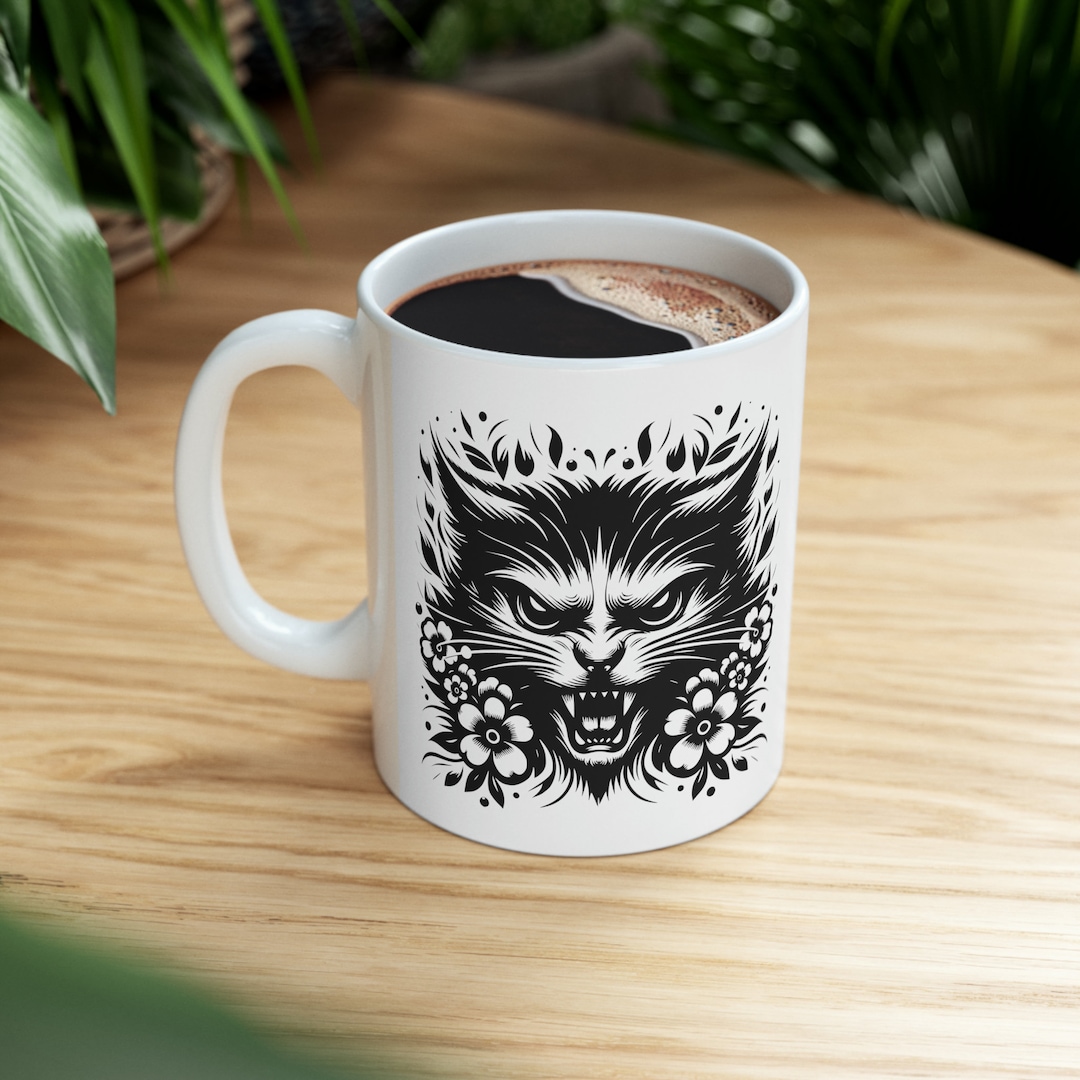 Angry Cat and Floral Ceramic Mug, Cat Coffee Mug, Cat Lover Gift, Cat ...