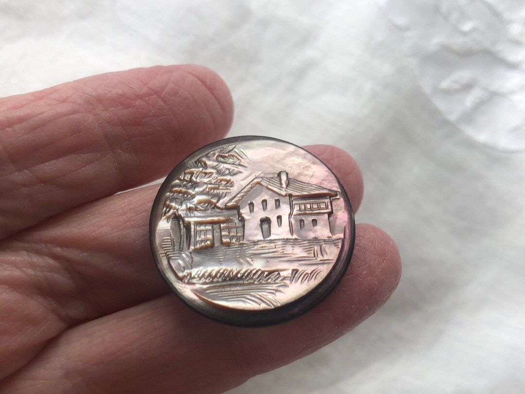 Carved Pearl Button With House Scene - Etsy