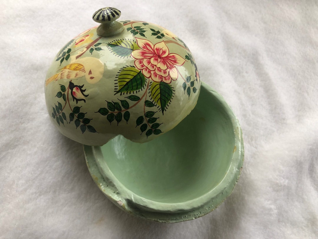 Green Paper Mache Round Trinket Case With Flowers - Etsy