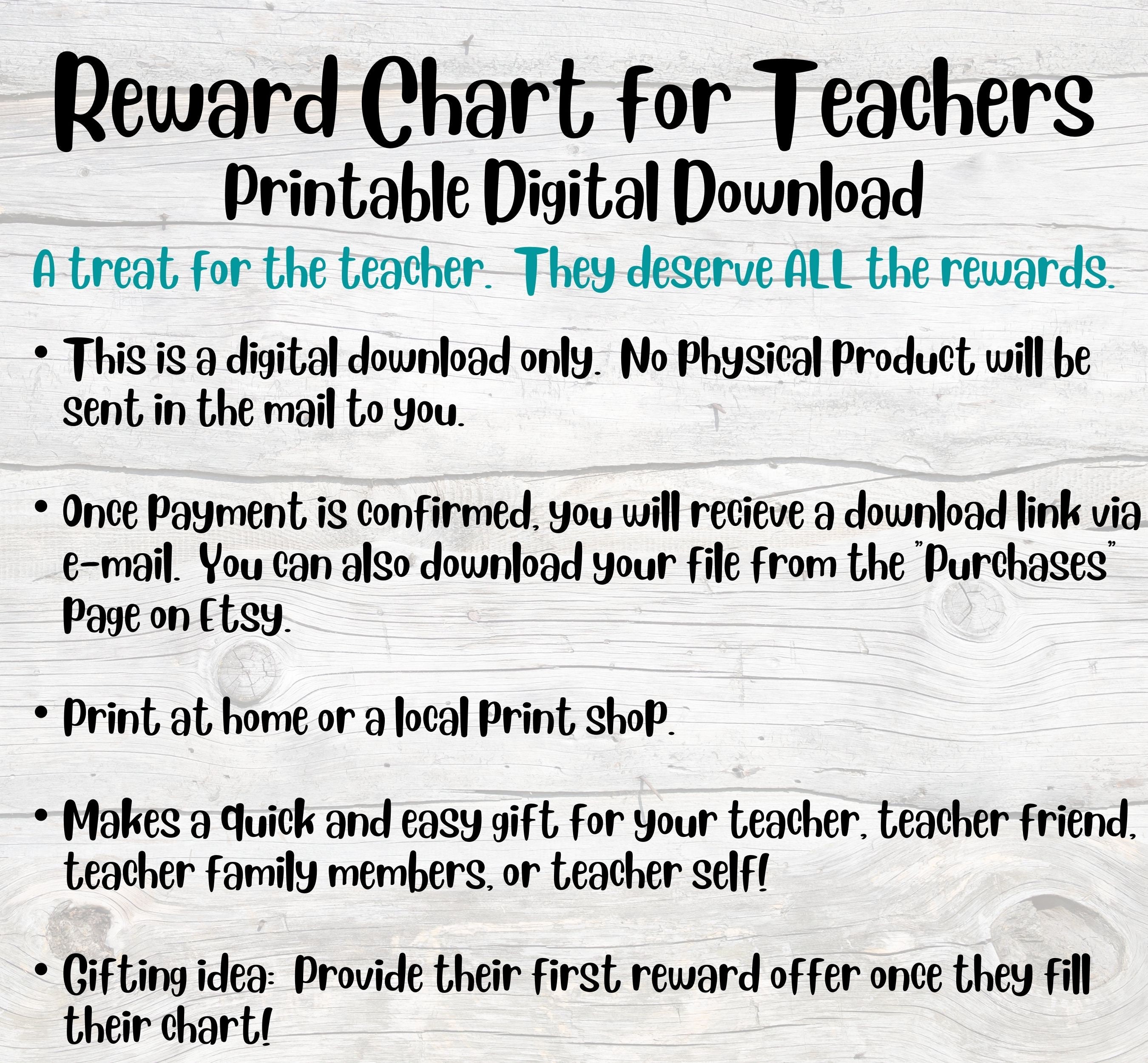 Teacher Reward Chart Digital Download, Printable Sticker Chart for ...