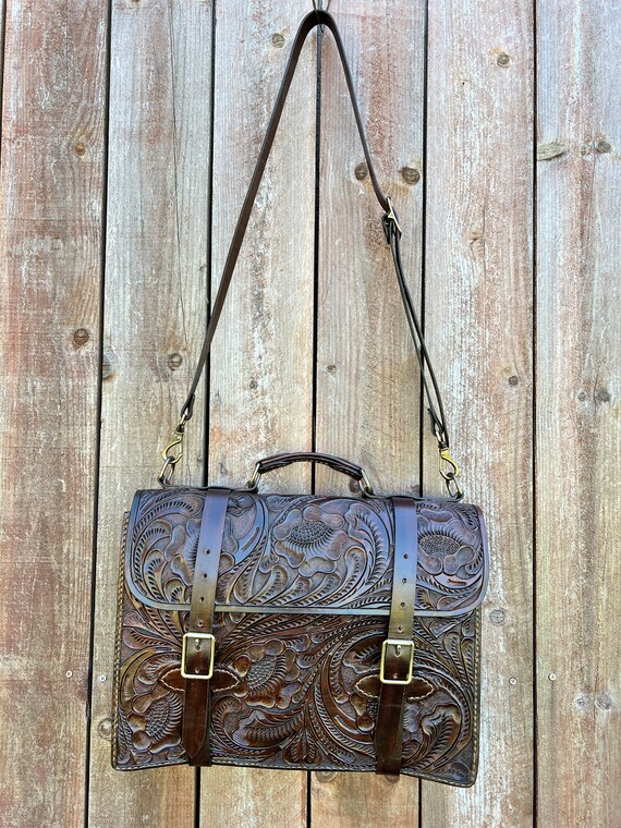 Briefcase Hand-Tooled Leather,Vintage Leather Unisex … - Gem