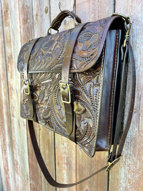Briefcase Hand-Tooled Leather,Vintage Leather Unisex … - Gem