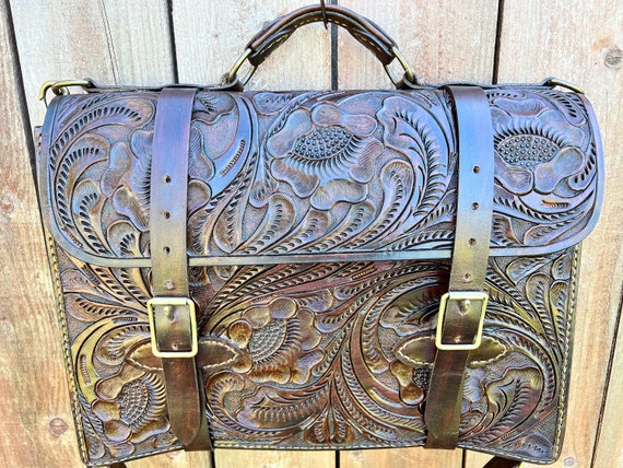 Briefcase Hand-Tooled Leather,Vintage Leather Unisex … - Gem