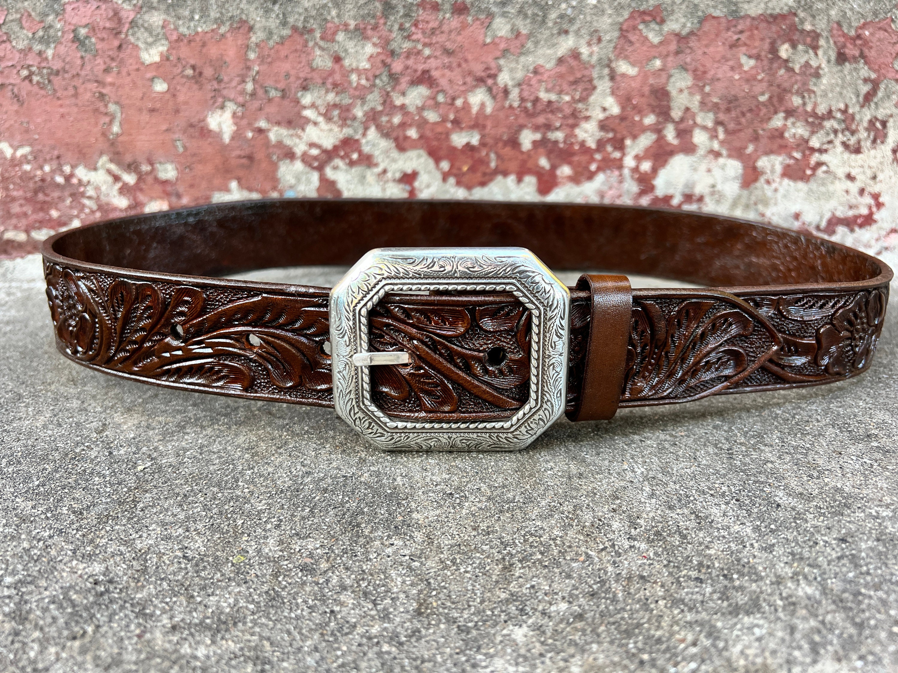 Hand-tooled Leather Belt Vintage Classic Brown. With Vintage Silver ...