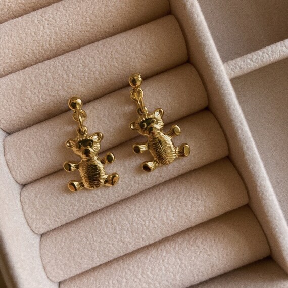 Vintage 1980s gold plated teddy bear earrings - Gem