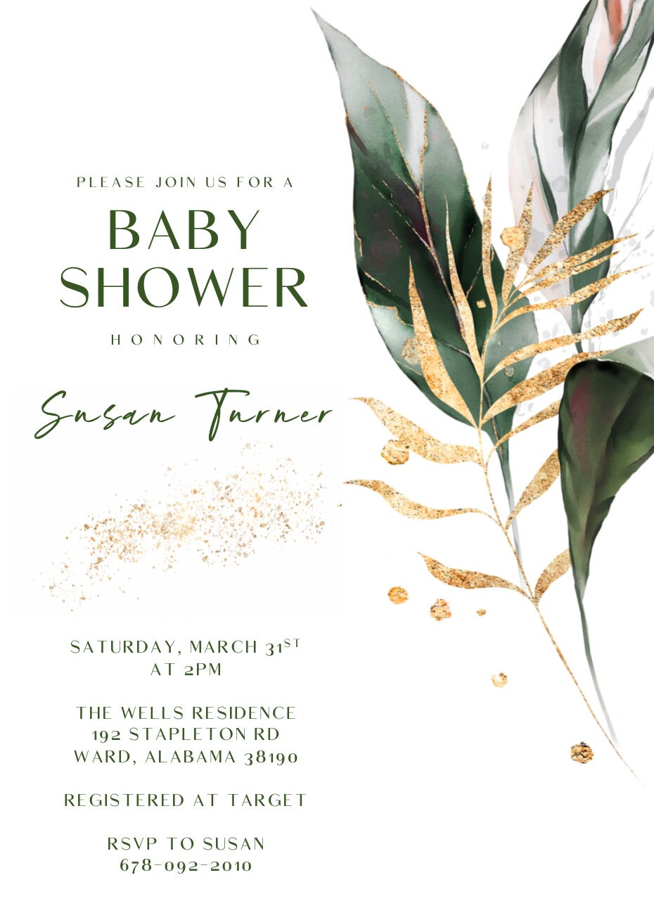 Summer Baby Shower Invitation Template Greenery and Gold Baby | Etsy
