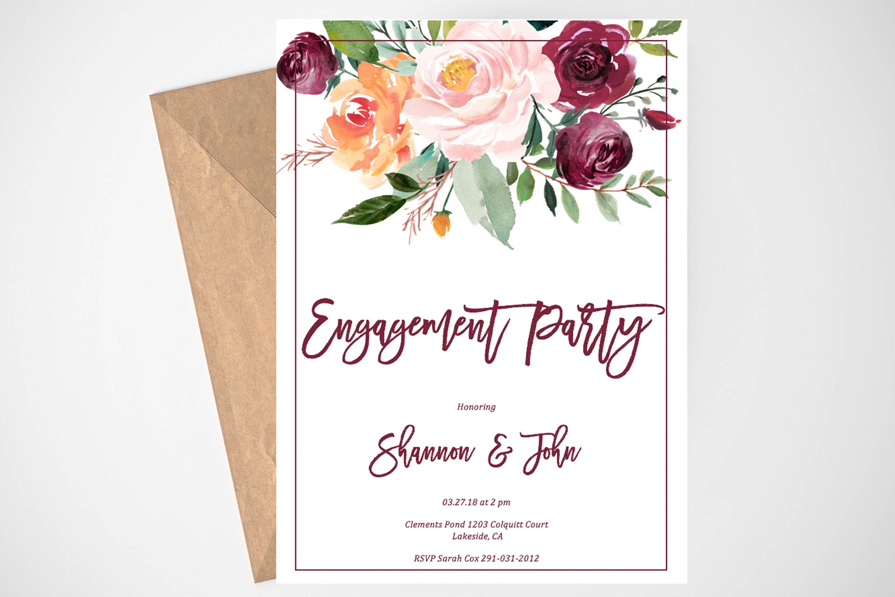 Rustic Engagement Invitation Floral Marsala Engagement | Etsy
