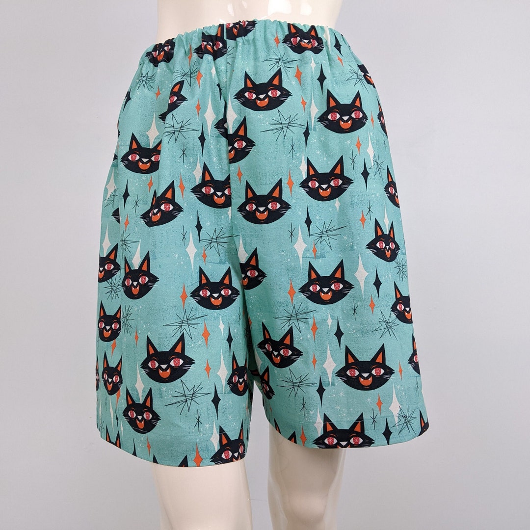 Mod Cat Print Shorts, Women Cotton Pajama Shorts, Halloween Print ...