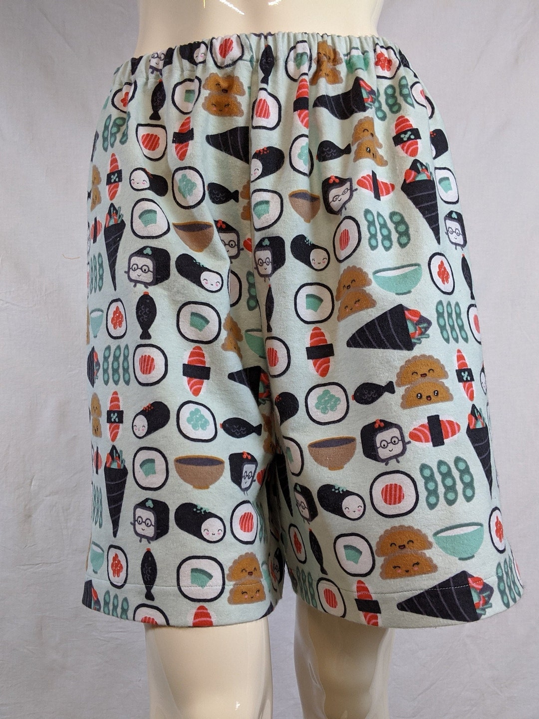 Sushi Print Women Pajamas, Flannel Sleep Shorts, Elastic Waist Pajama ...