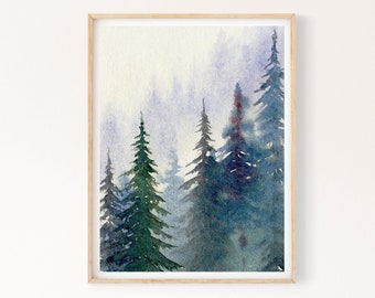 Winter Forest Printable Wall Art Watercolor Conifer Trees | Etsy