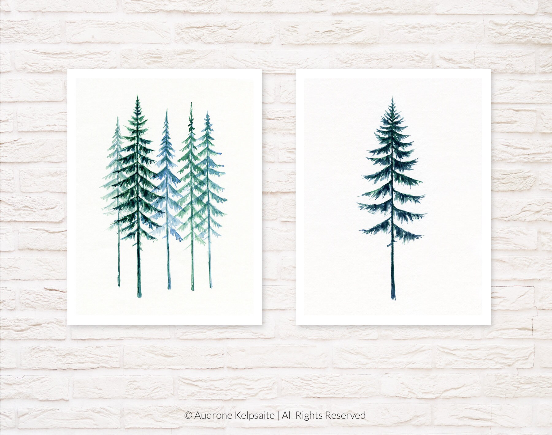 Evergreen Trees Printable Wall Art Set of 2, Pine Trees Watercolor ...
