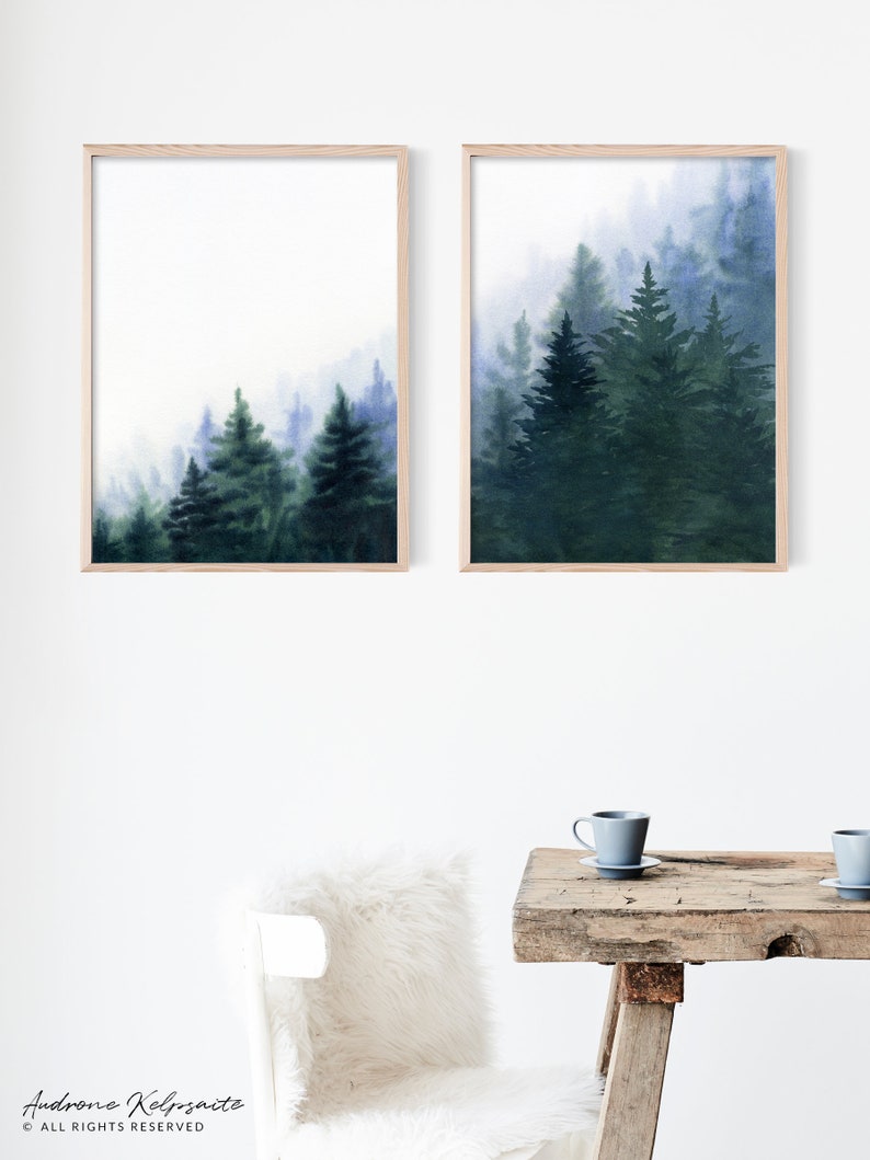 Calm Forest Printable Wall Art Set of 2 Watercolor Evergreen - Etsy