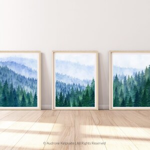 Calm Forest Wall Art Set of 3, Forest Watercolor Prints, Nature Theme ...