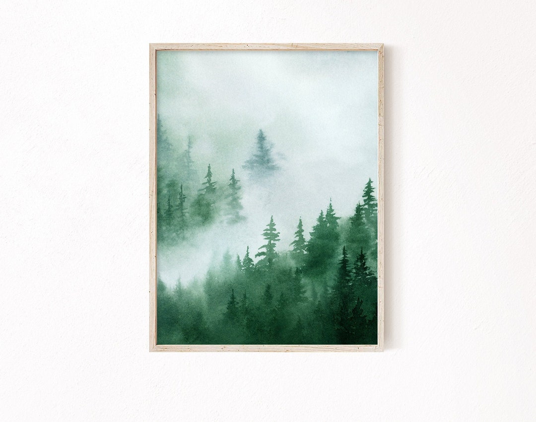 Foggy Forest Printable Wall Art, Green Watercolour Forest Painting ...