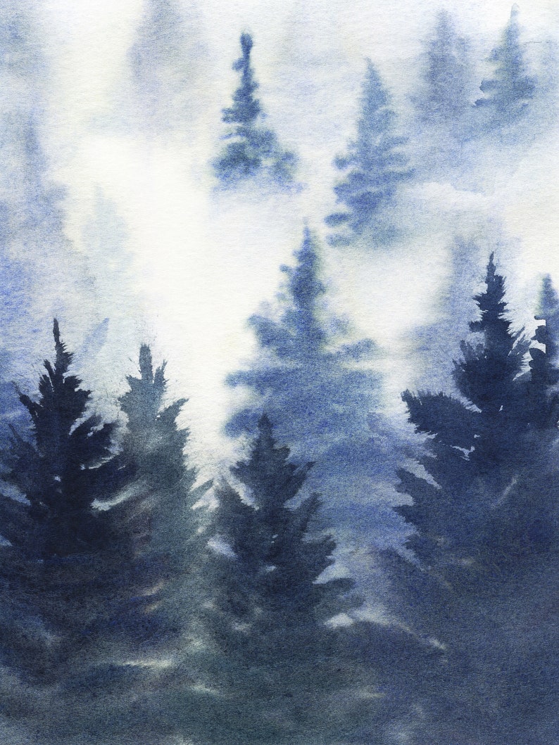 Winter Forest Printable Wall Art, Watercolor Conifer Trees Painting ...
