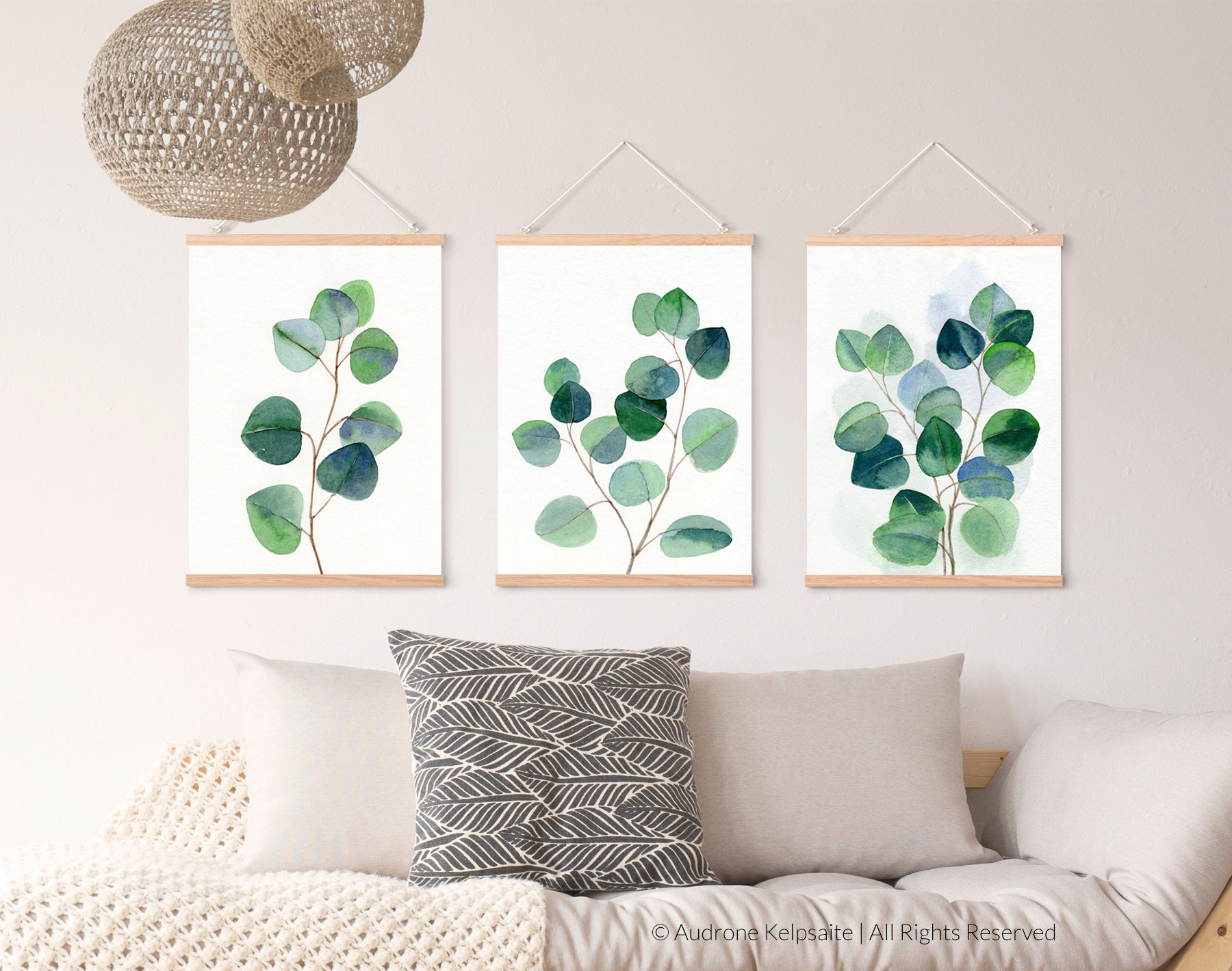 Silver Dollar Eucalyptus Printable Wall Art Set of 3, Vibrant Sage ...