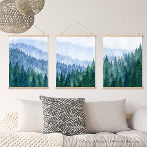Calm Forest Wall Art Set of 3, Forest Watercolor Prints, Nature Theme ...